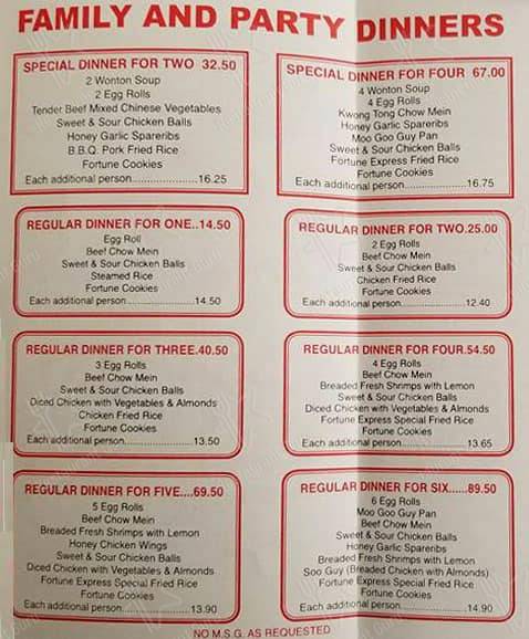 Menu at Fortune Express restaurant, Chatham-Kent