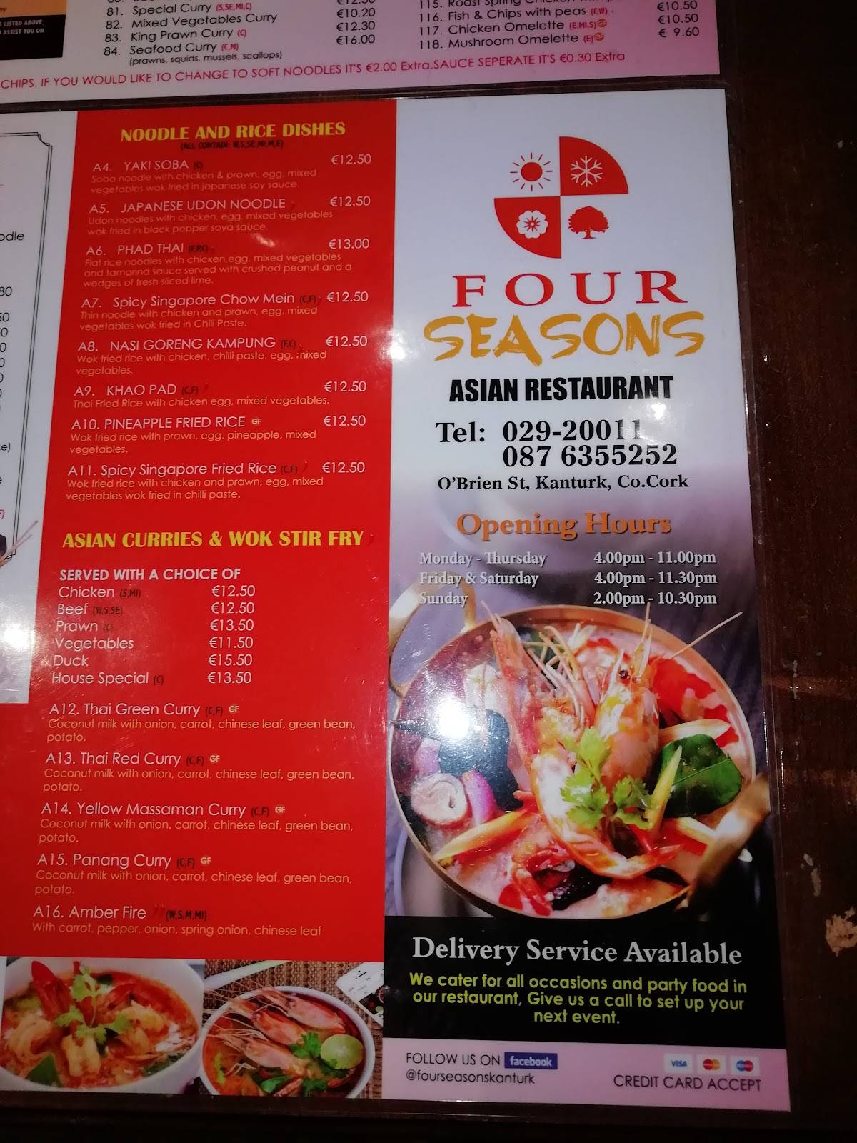 Menu at Four Seasons Chinese Restaurant, Kanturk