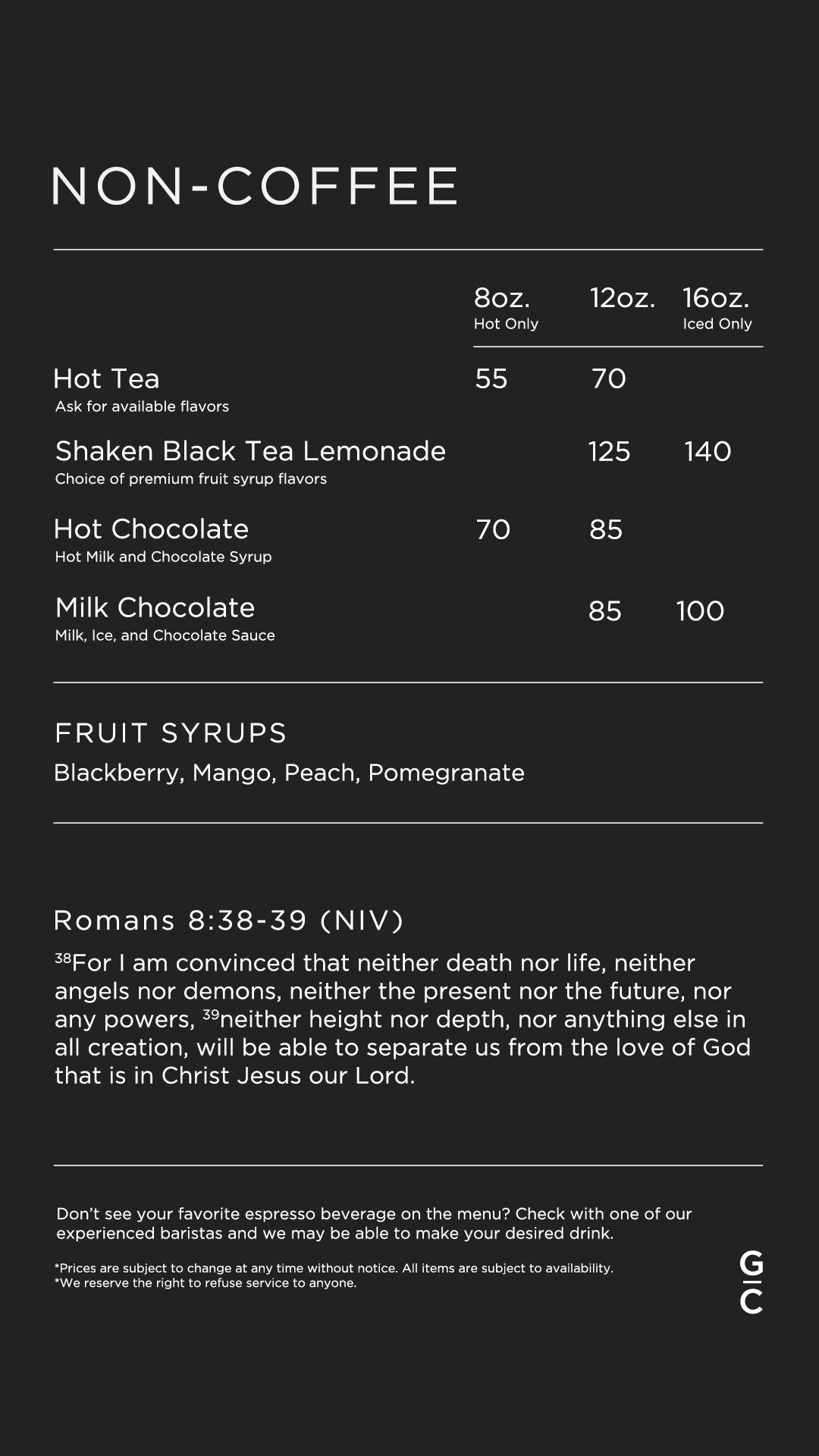 Menu at GC Coffee Co. - Philippines, Talibon