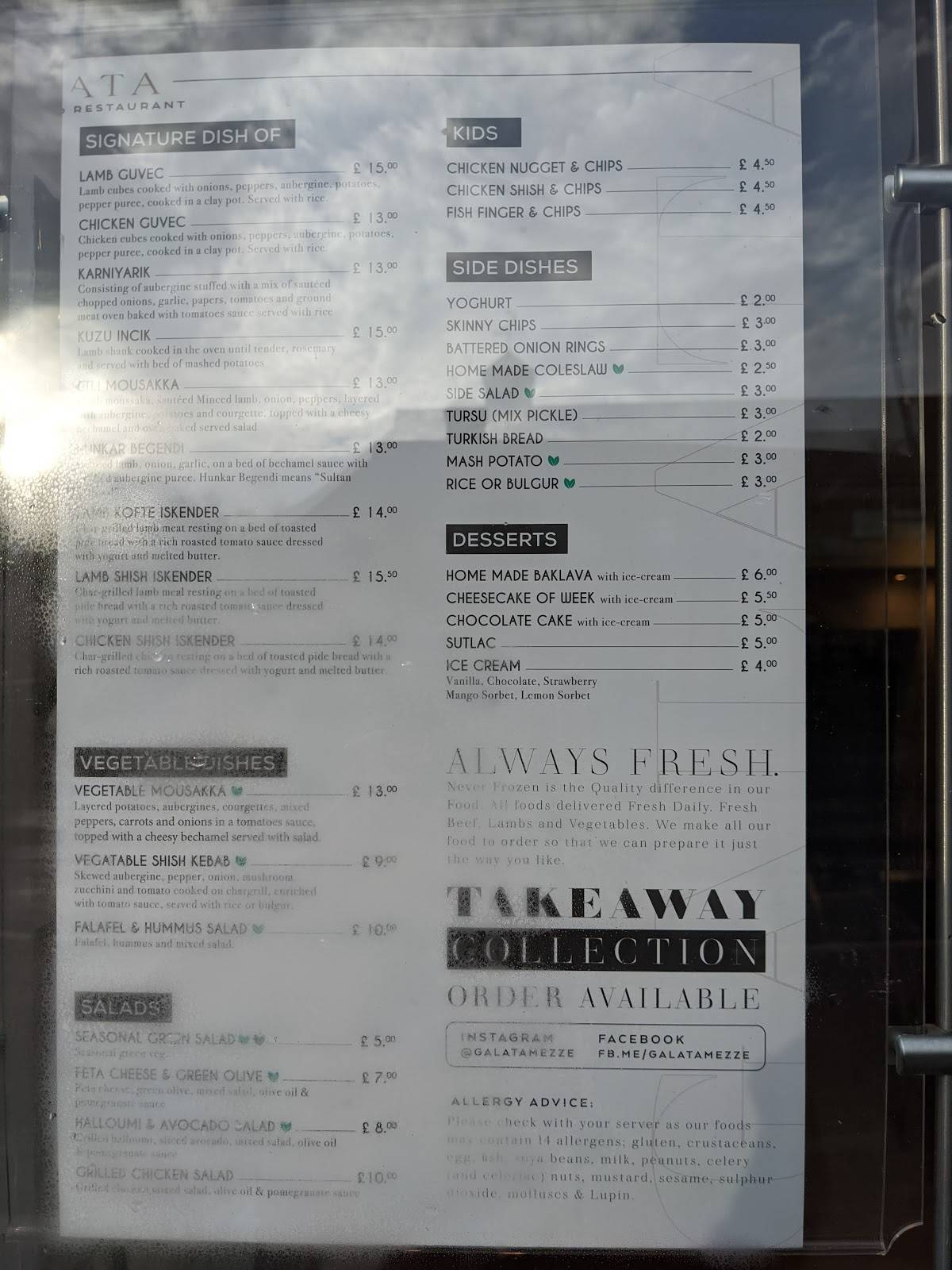 Menu at Galata Mezze Restaurant & Bar, Rainham