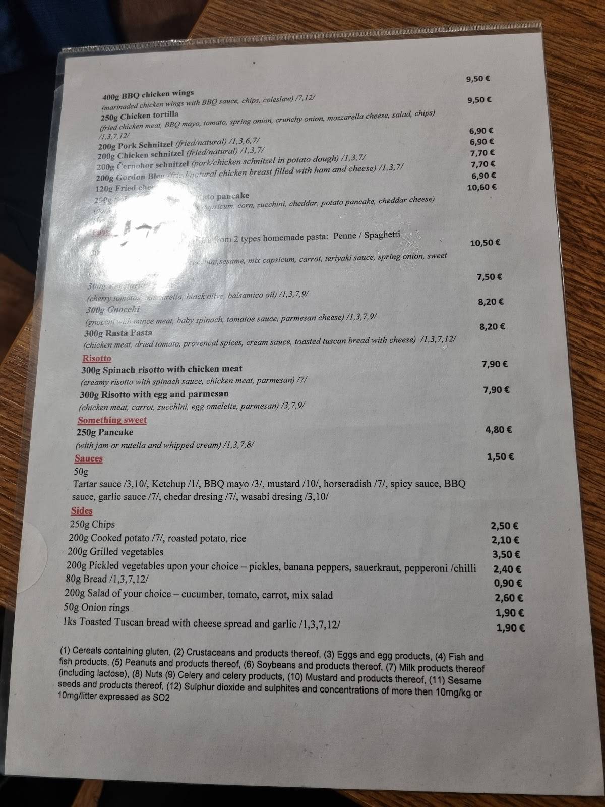 Menu at Garage caffe Bar, Svätý Jur