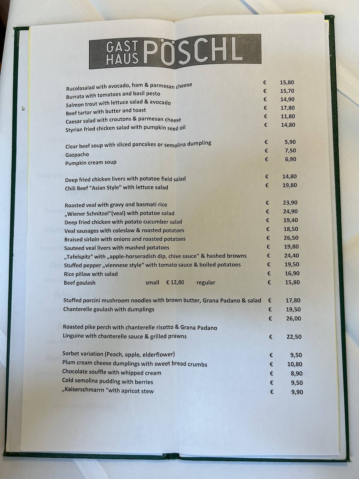 Menu at Gasthaus Pöschl restaurant, Vienna