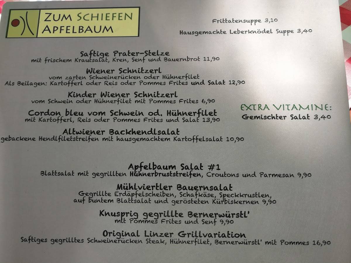 Speisekarte von Gasthaus Zum Schiefen Apfelbaum restaurant, Linz
