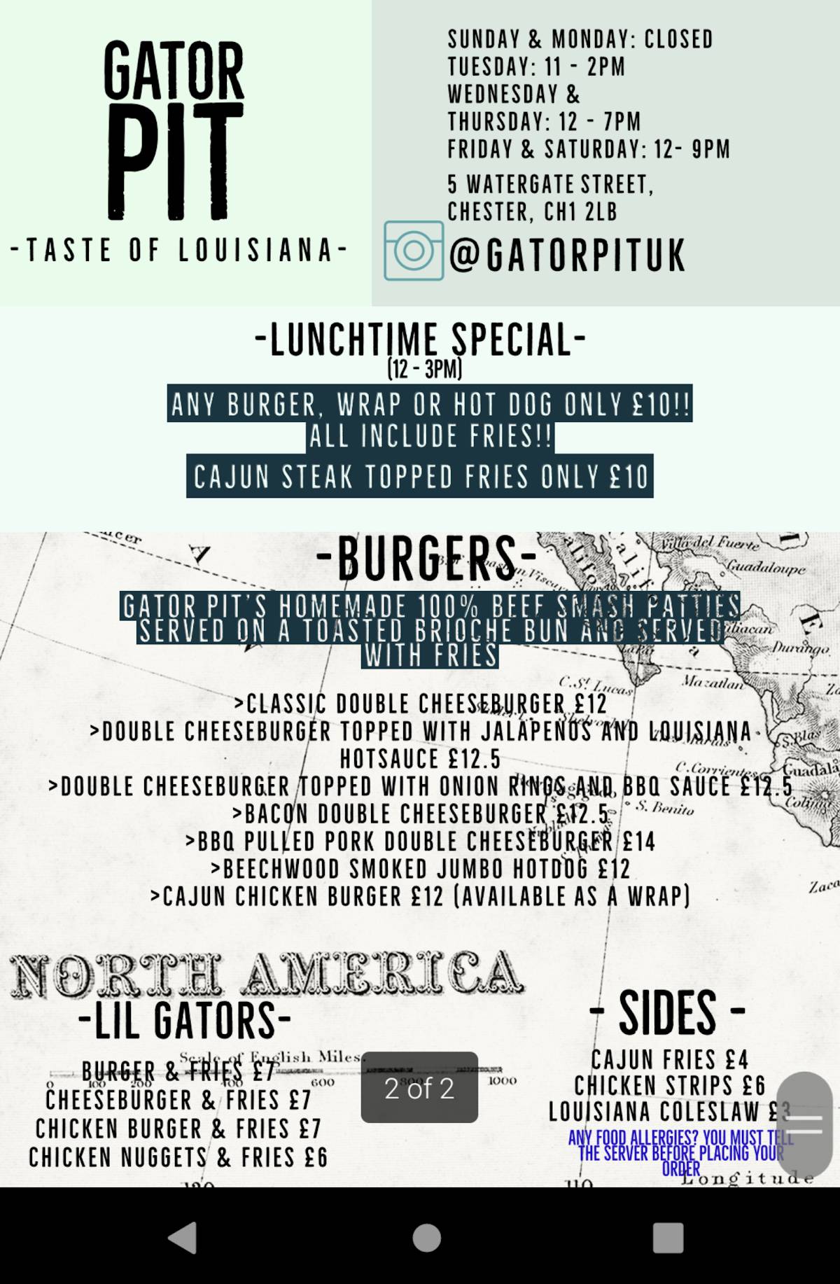 Menu at Gator Pit restaurant, Chester