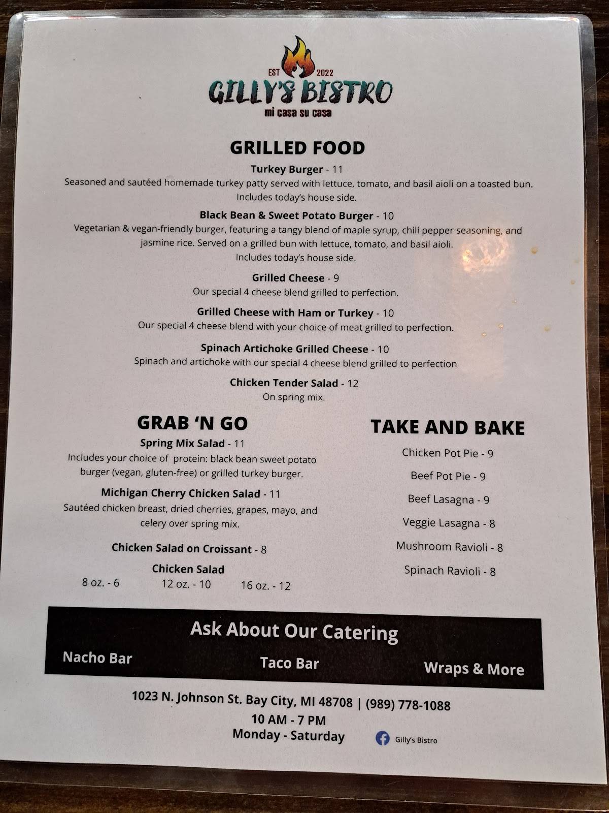 Menu at Gilly's Bistro restaurant, Bay City