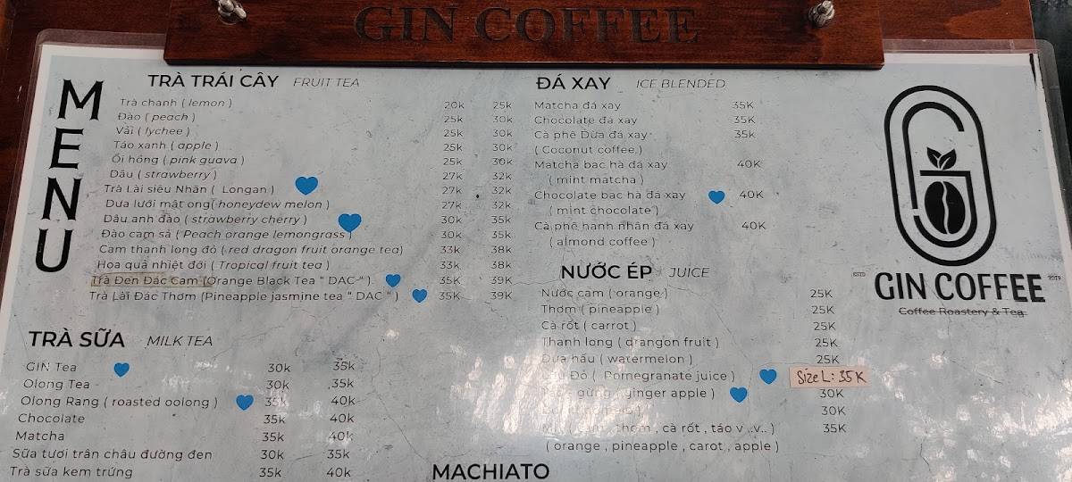 Menu at Gin Coffee, Vietnam, 371 Nguyễn Đình Chiểu