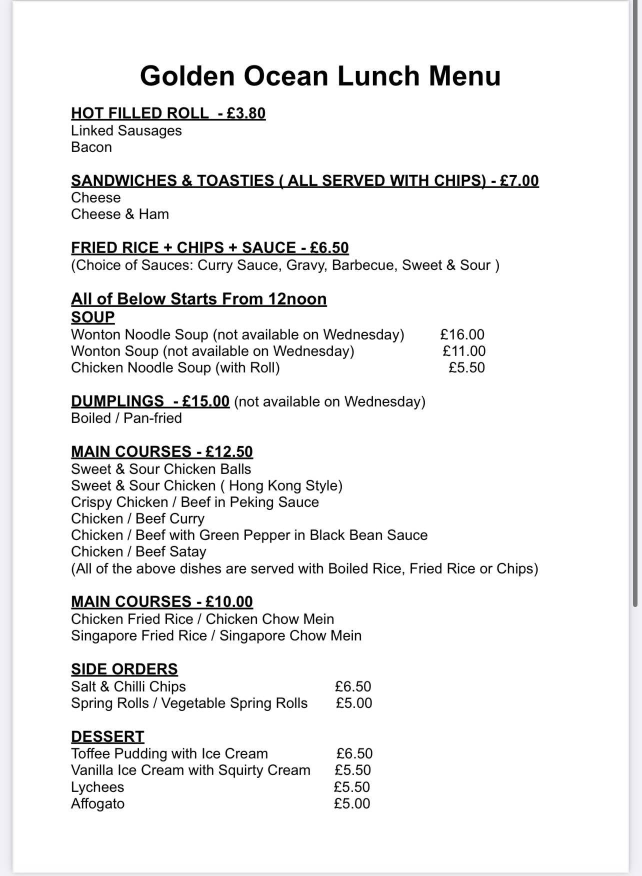 Menu at Golden Ocean restaurant, Stornoway