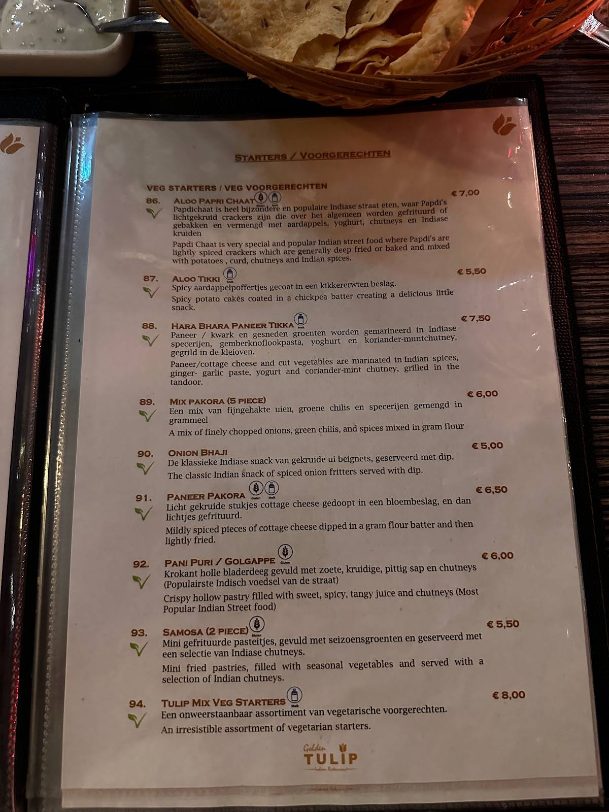 Menu at Golden Tulip Indian Restaurant, Rotterdam