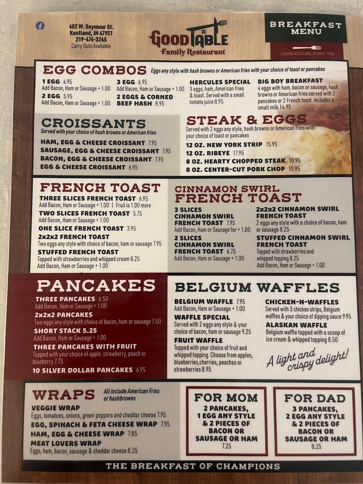 Menu at Good Table restaurant, Kentland