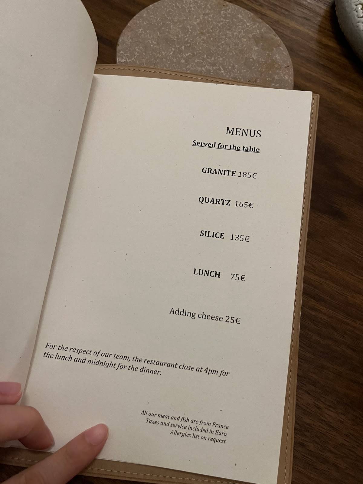 Menu at Granite restaurant, Paris, 6 Rue Bailleul