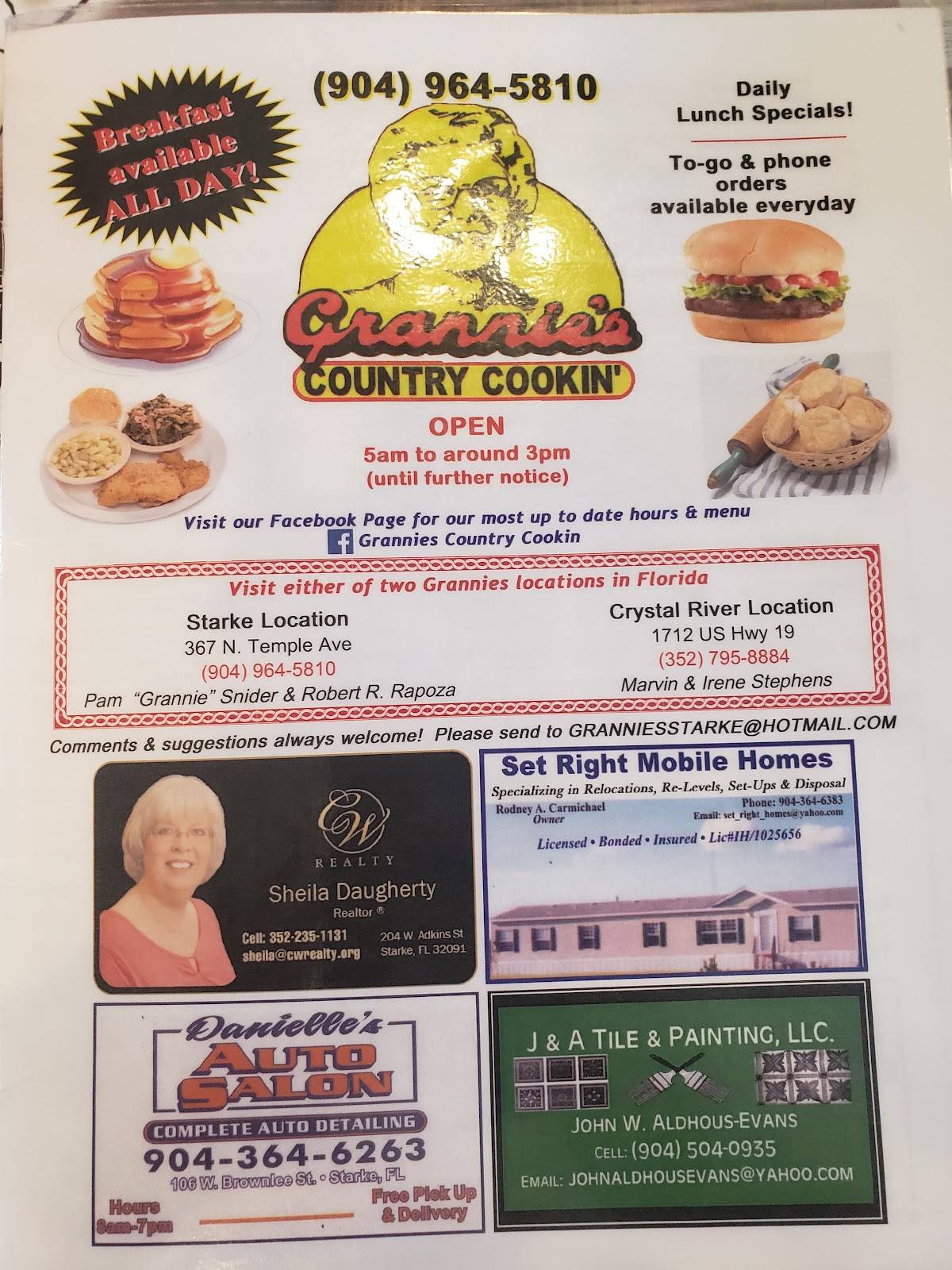 Menu at Grannie's Country Cookin' restaurant, Starke
