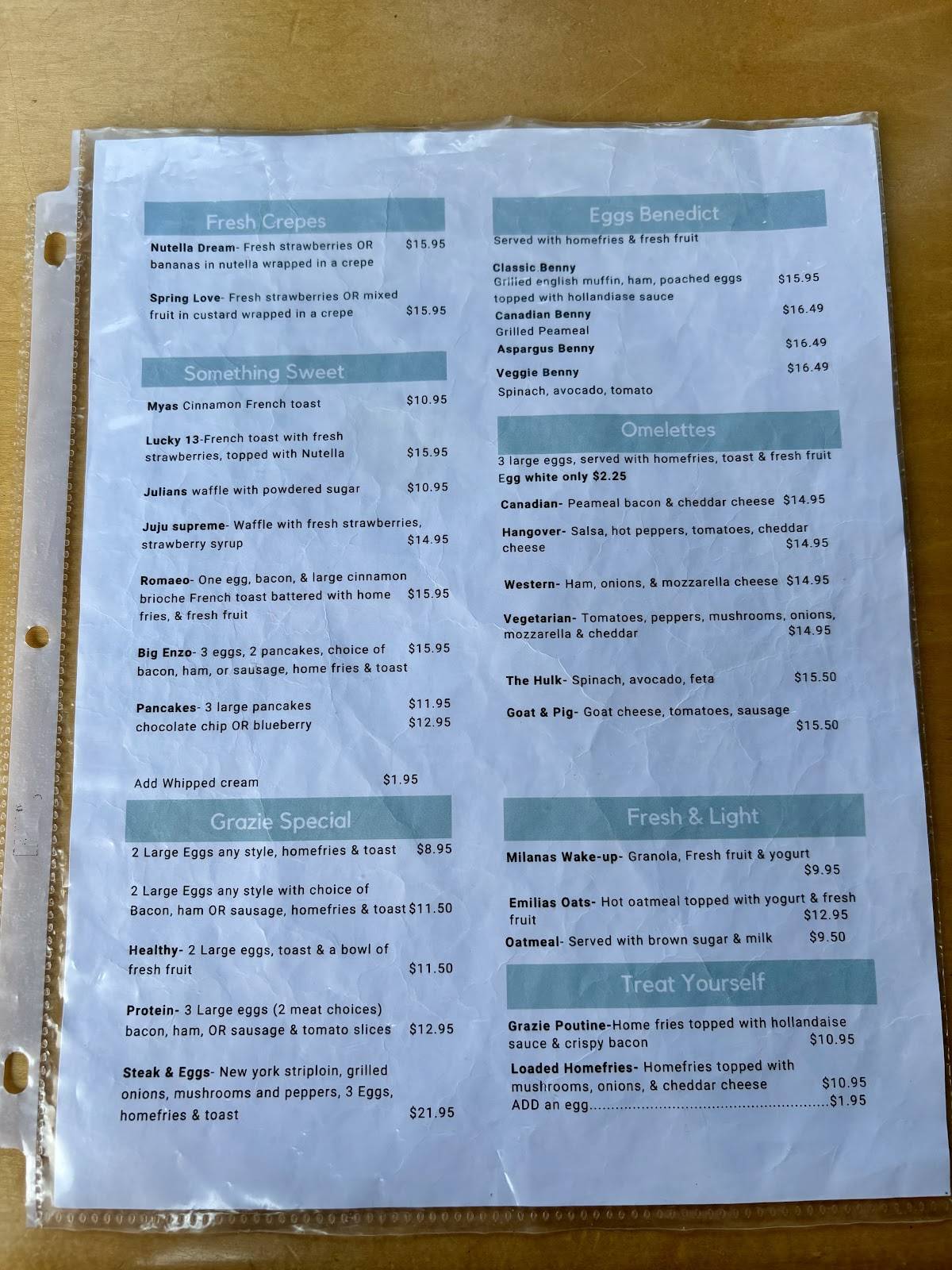 Menu at Grazie Cafe, St. Catharines, 436 Vansickle Rd