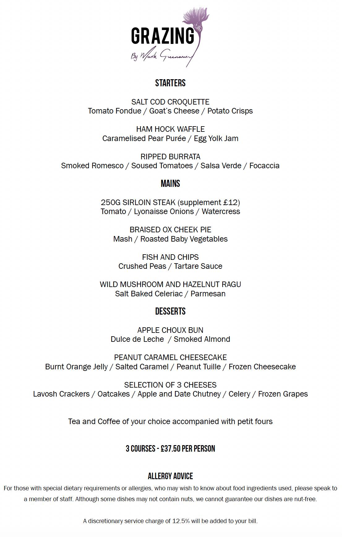 Menu at Grazing By Mark Greenaway restaurant, Edinburgh