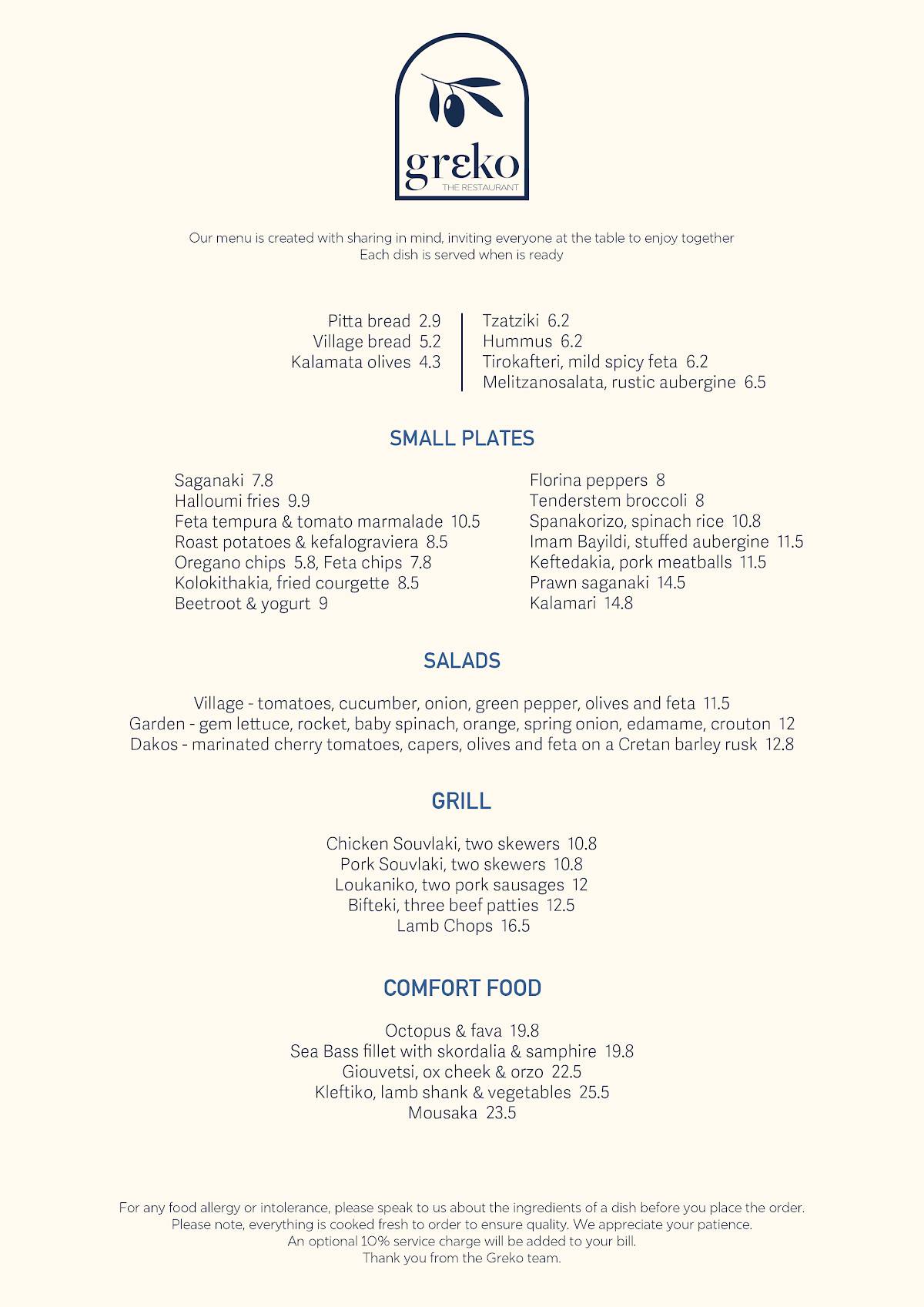 Menu at Greko Beverley restaurant, Beverley