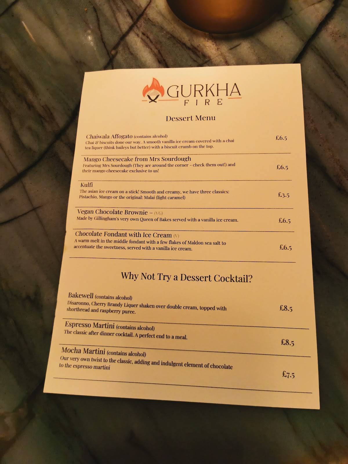 Menu at Gurkha Fire restaurant, Chatham