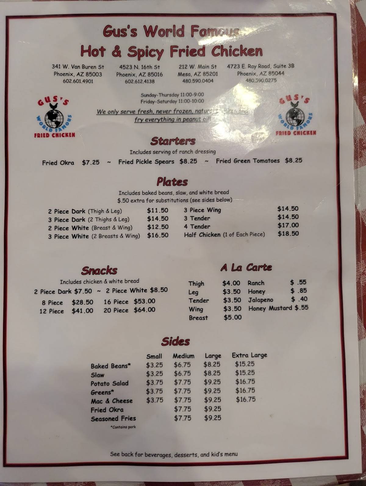 Carta del restaurante Gus's World Famous Fried Chicken, Phoenix