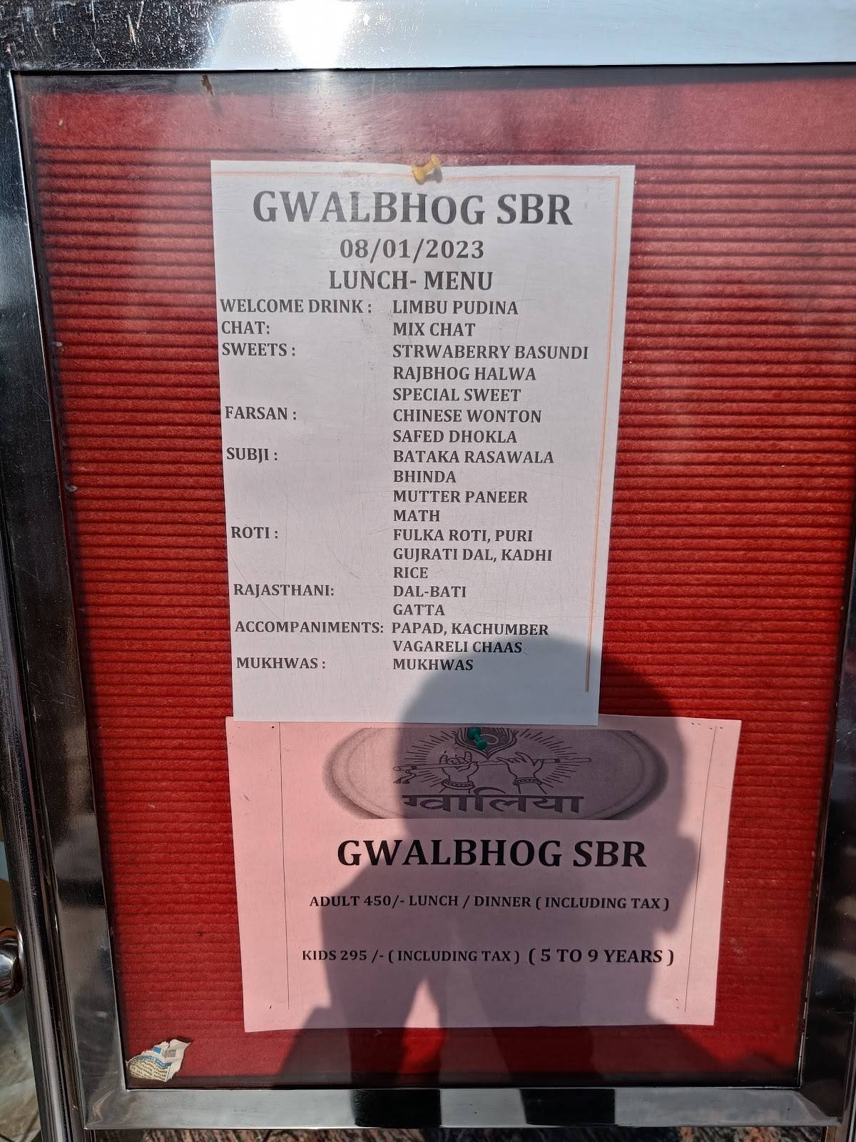 Menu at Gwalbhog SBR, Ahmedabad