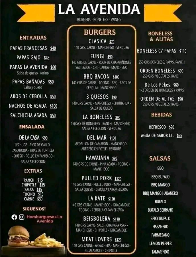Menu at Hamburguesas La Avenida restaurant, Mazatlán