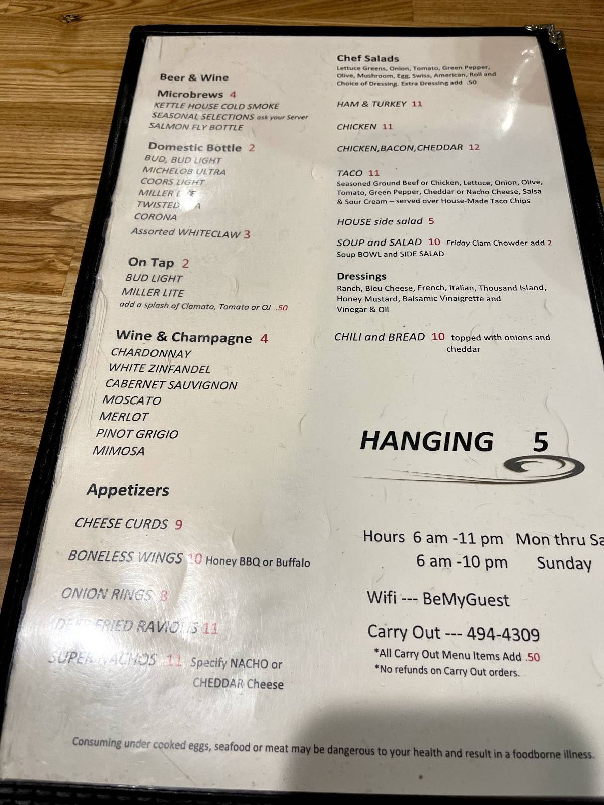 Menu at Hanging Five Restaurant, Butte