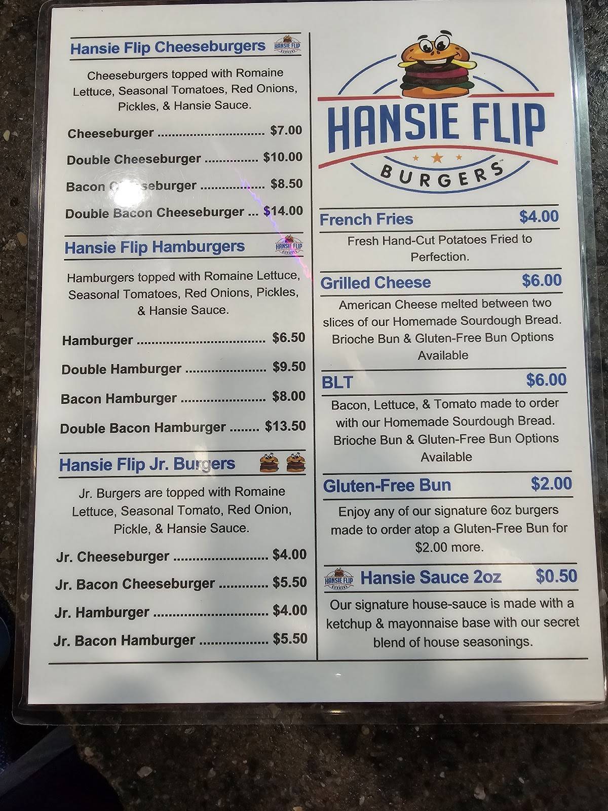 Menu at Hansie Flip Burgers restaurant, Williamstown
