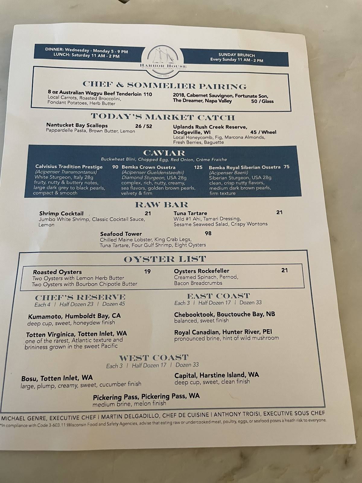 Menu at Harbor House restaurant, Milwaukee
