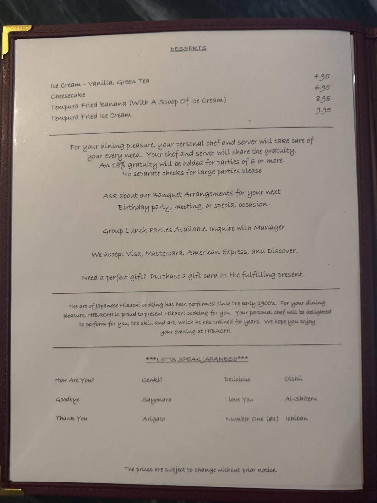 Menu at Hibachi restaurant, Springfield, 145-147 S State Rd