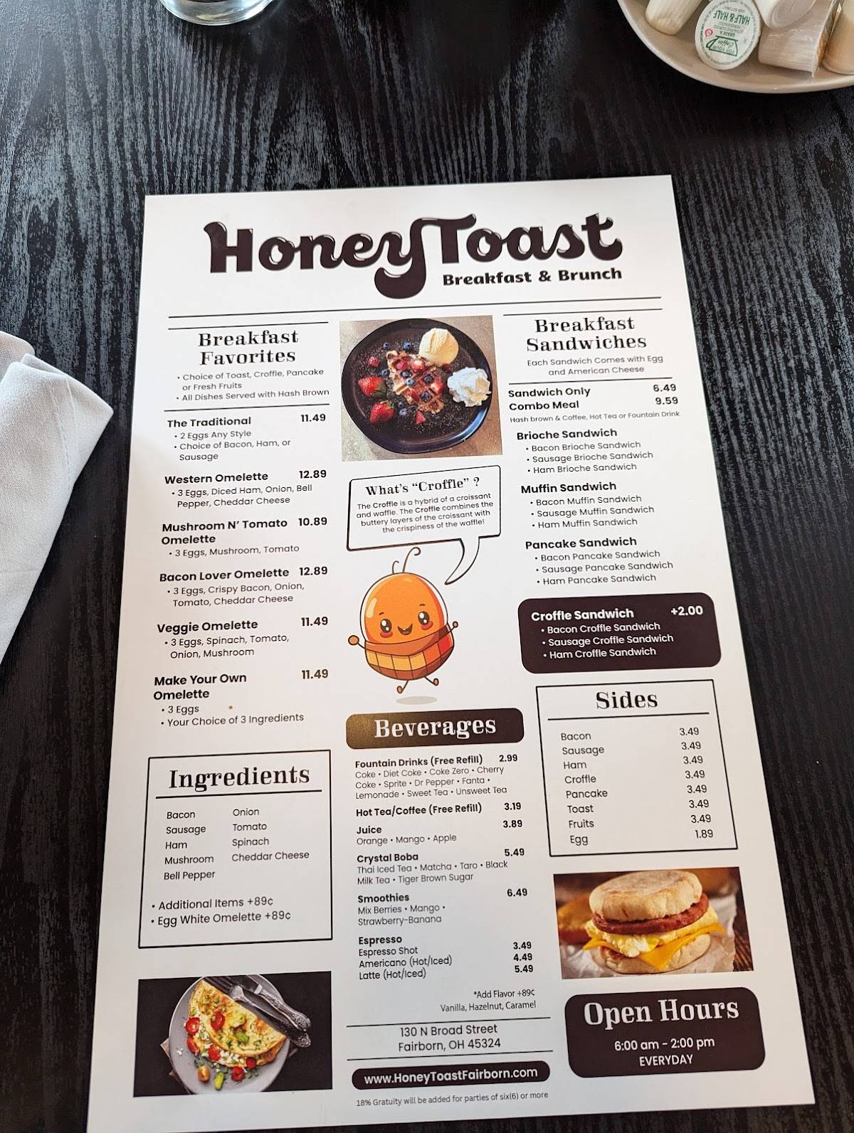 Menu at Honey Toast Breakfast & Brunch restaurant, Fairborn