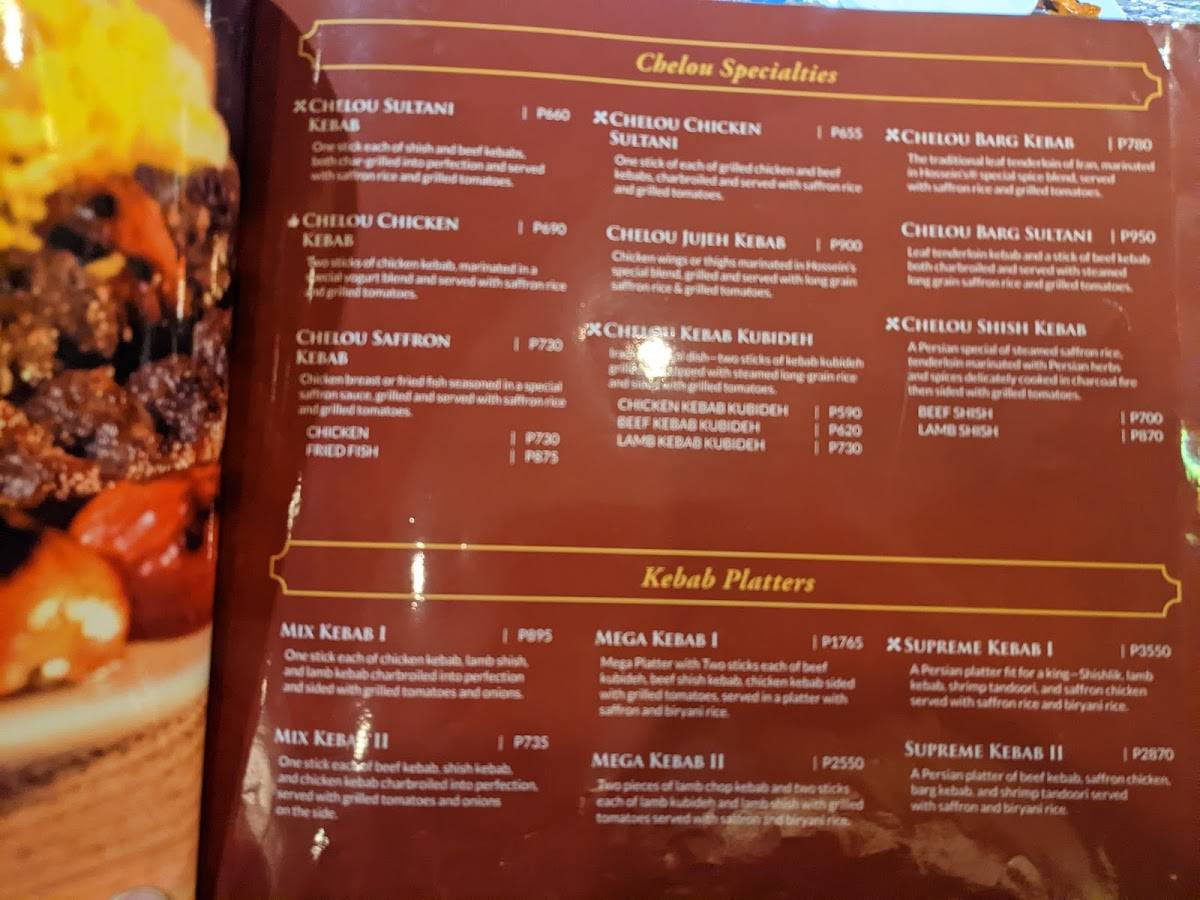 Menu at Hossein's Persian Kebab restaurant, Makati, LKV Building