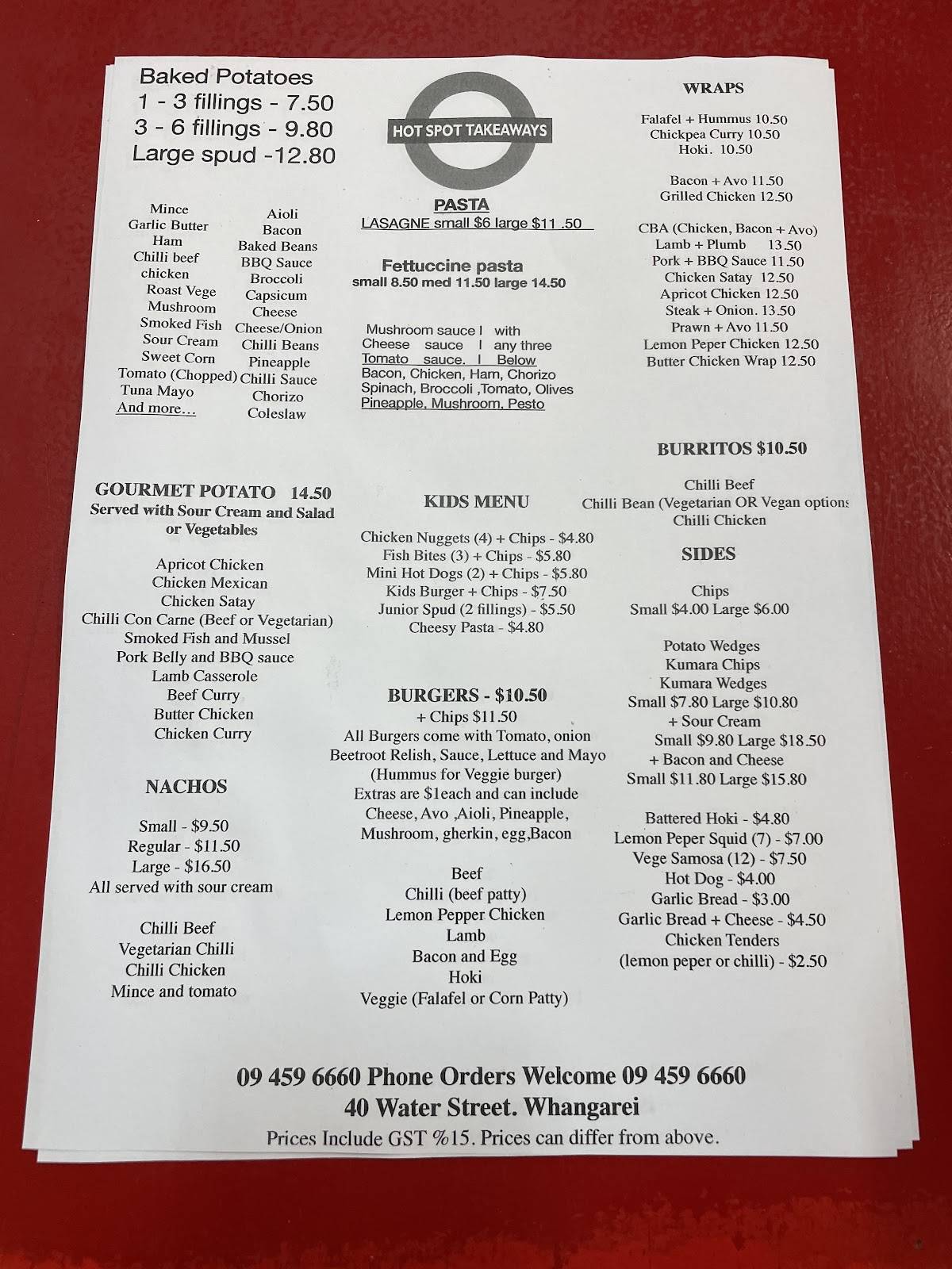 Menu at Hotspot Takeaways restaurant, Whangarei