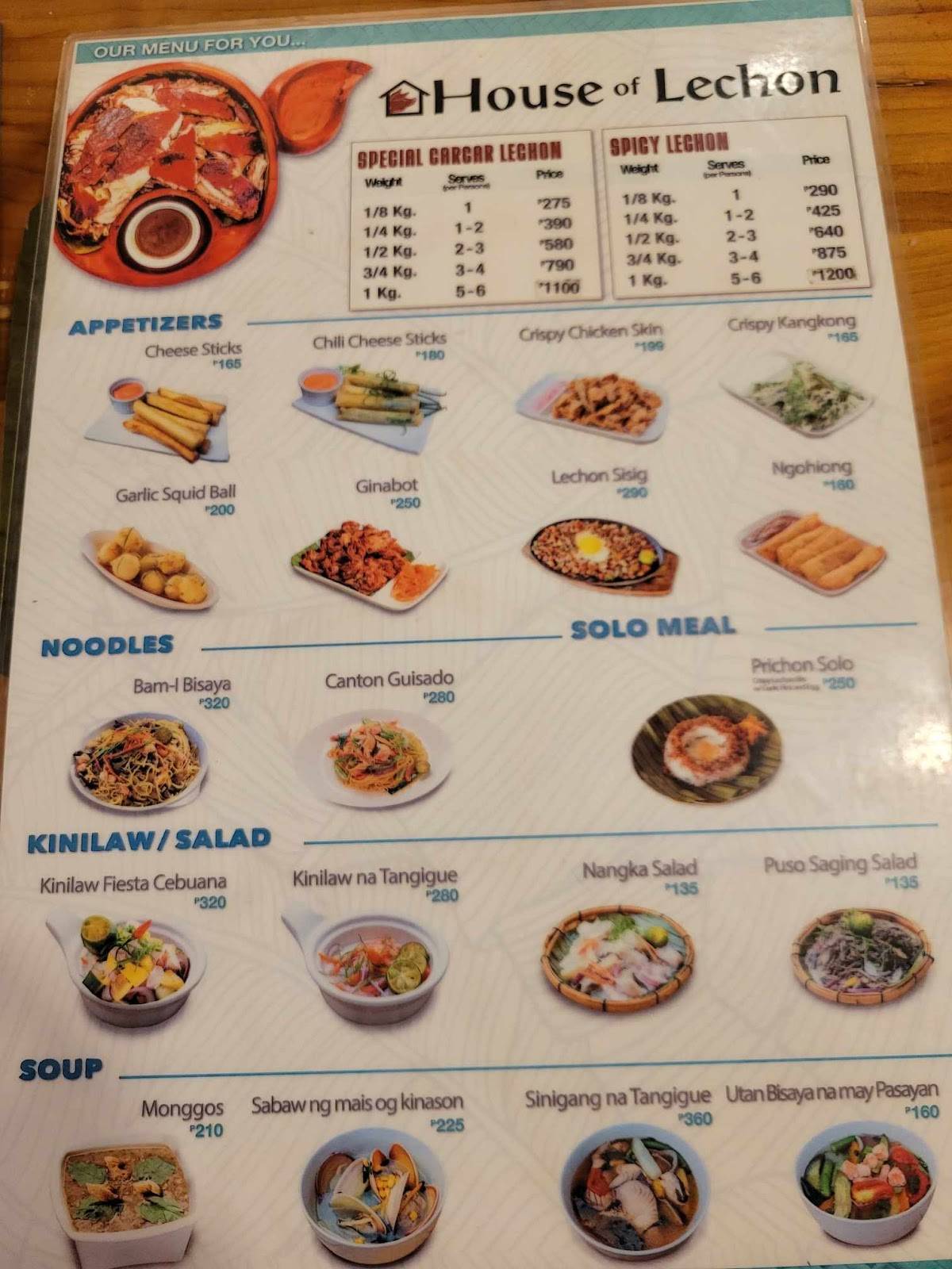 Menu at House of Lechon restaurant, Cebu City, Acacia St
