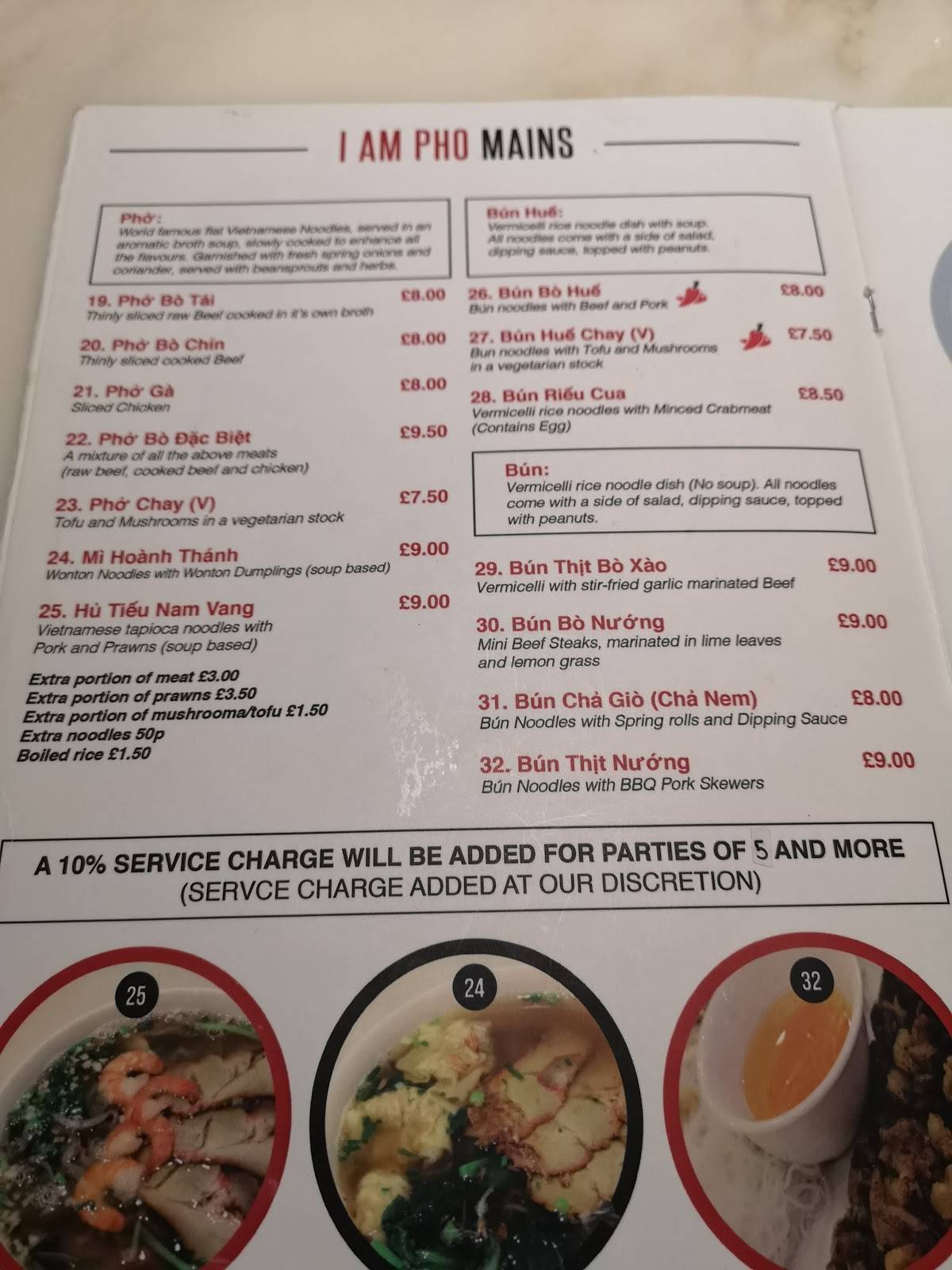 Menu at I Am Pho restaurant, Manchester