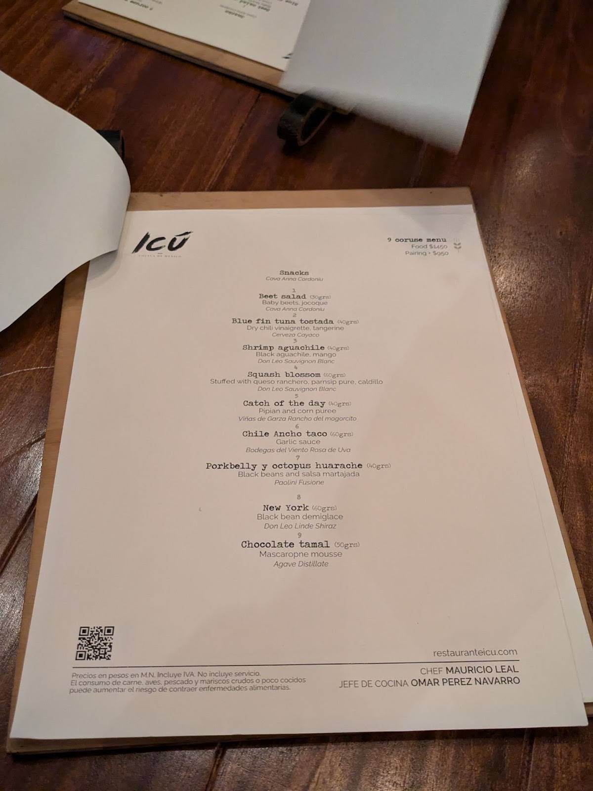 Menu at ICÚ restaurant, Puerto Vallarta, Venustiano Carranza 210