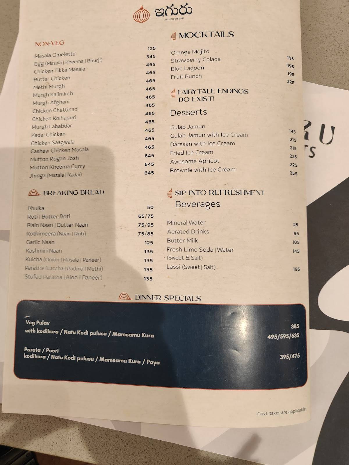 Menu at IGURU Banquets & Restaurant, Hyderabad