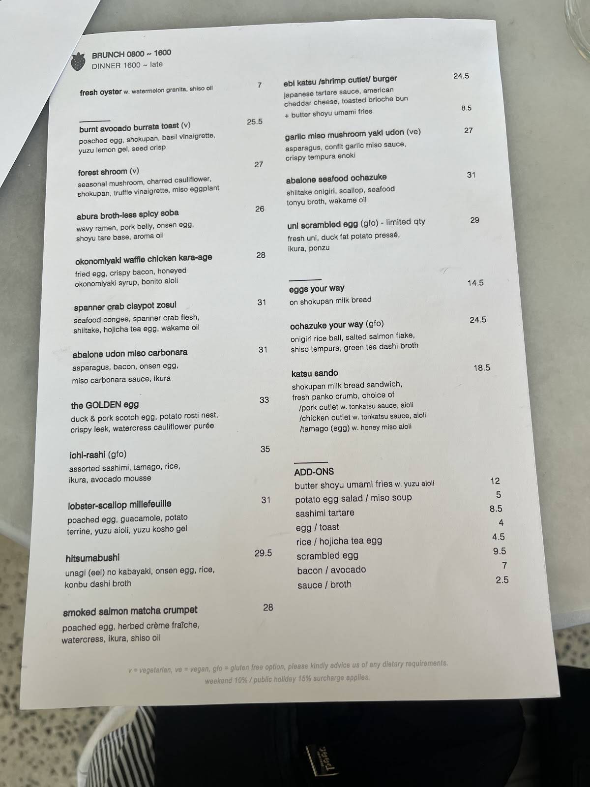Menu at Ichigo restaurant, Melbourne