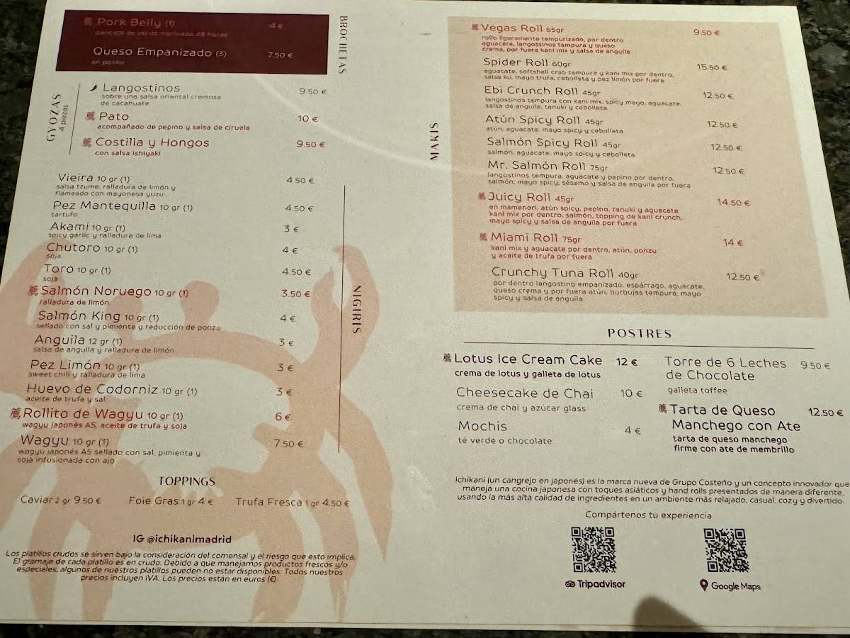 Carta del restaurante Ichikani Madrid, Madrid