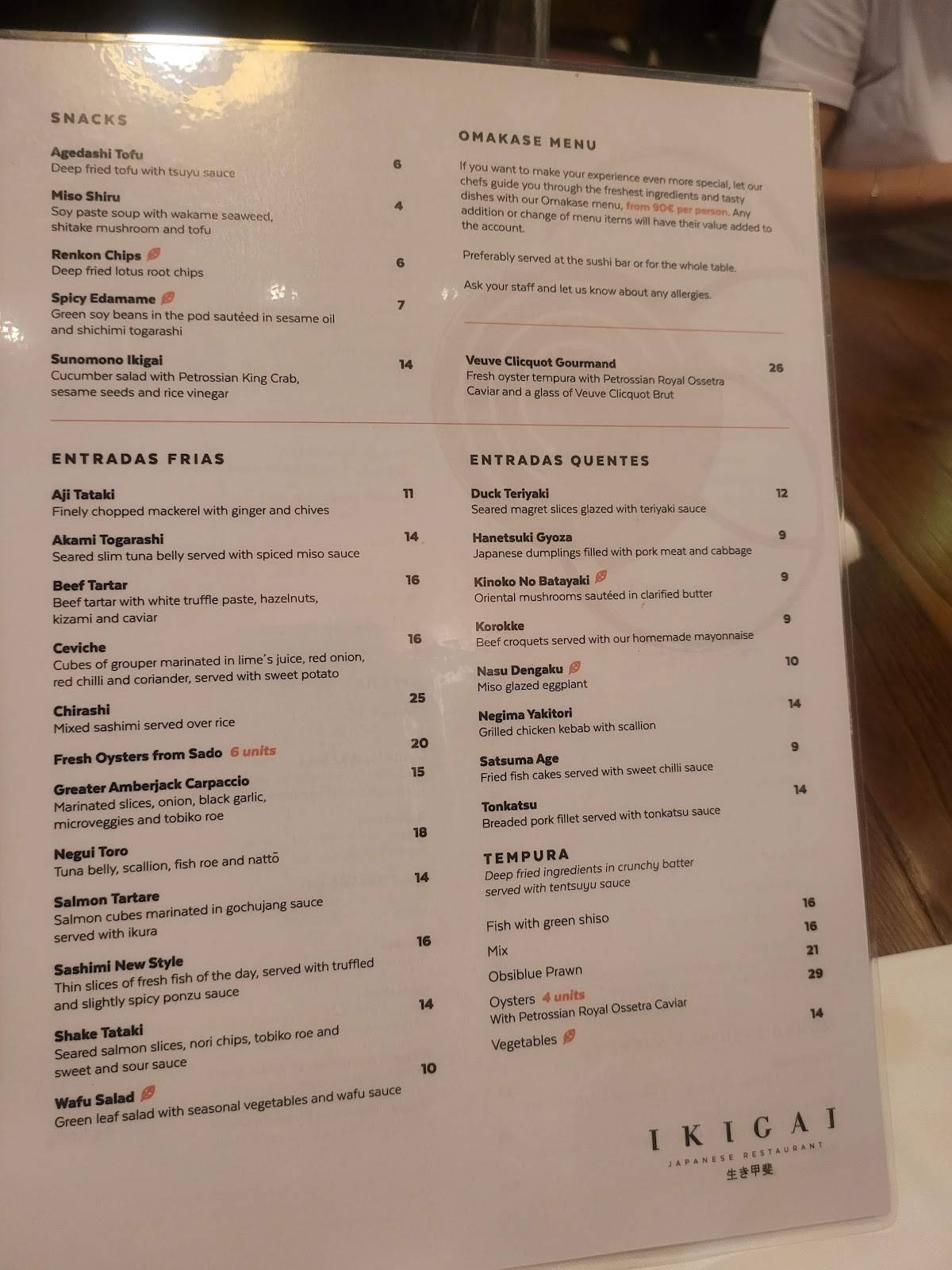Menu at Ikigai restaurant, Lisbon