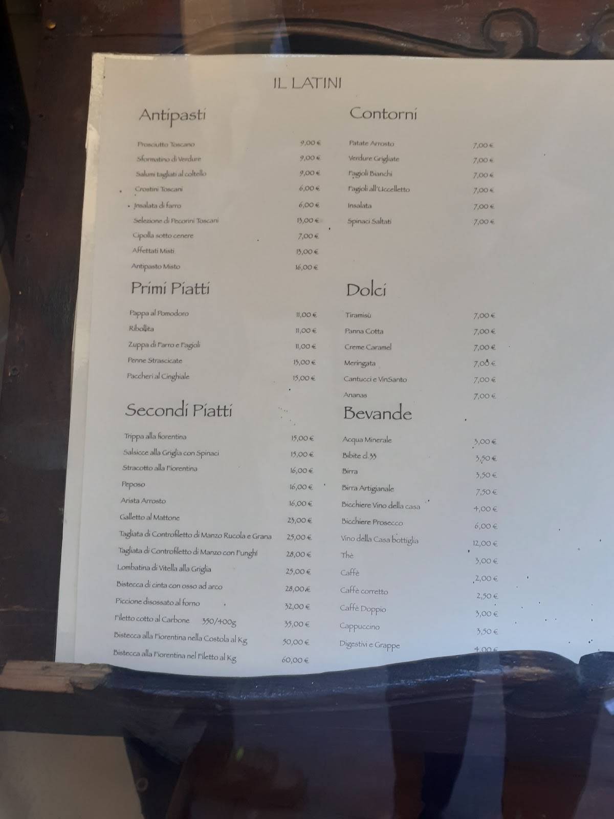Menu at Il Latini restaurant, Florence, Via dei Palchetti