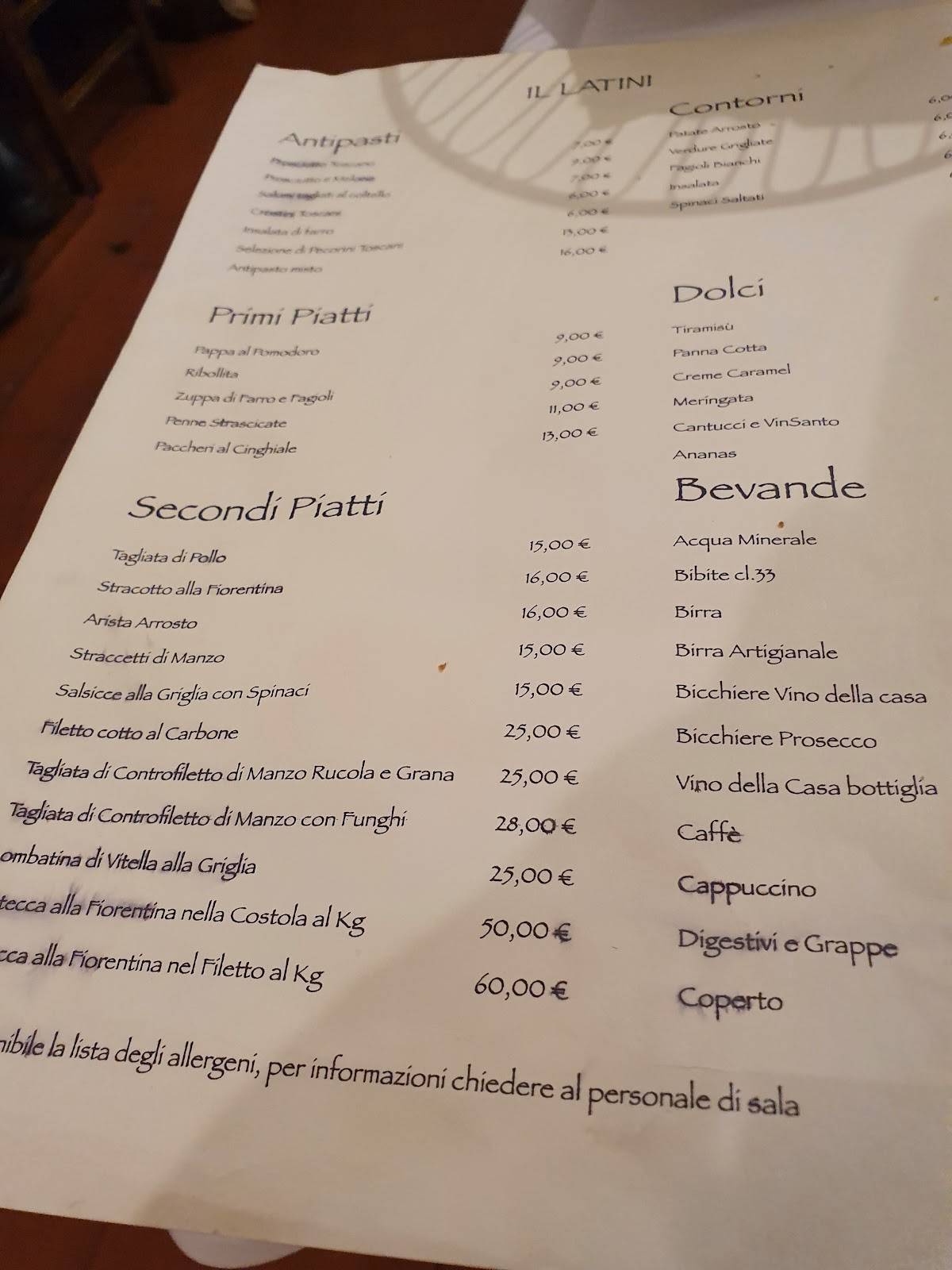 Menu da Restaurante Il Latini, Firenze, Via dei Palchetti