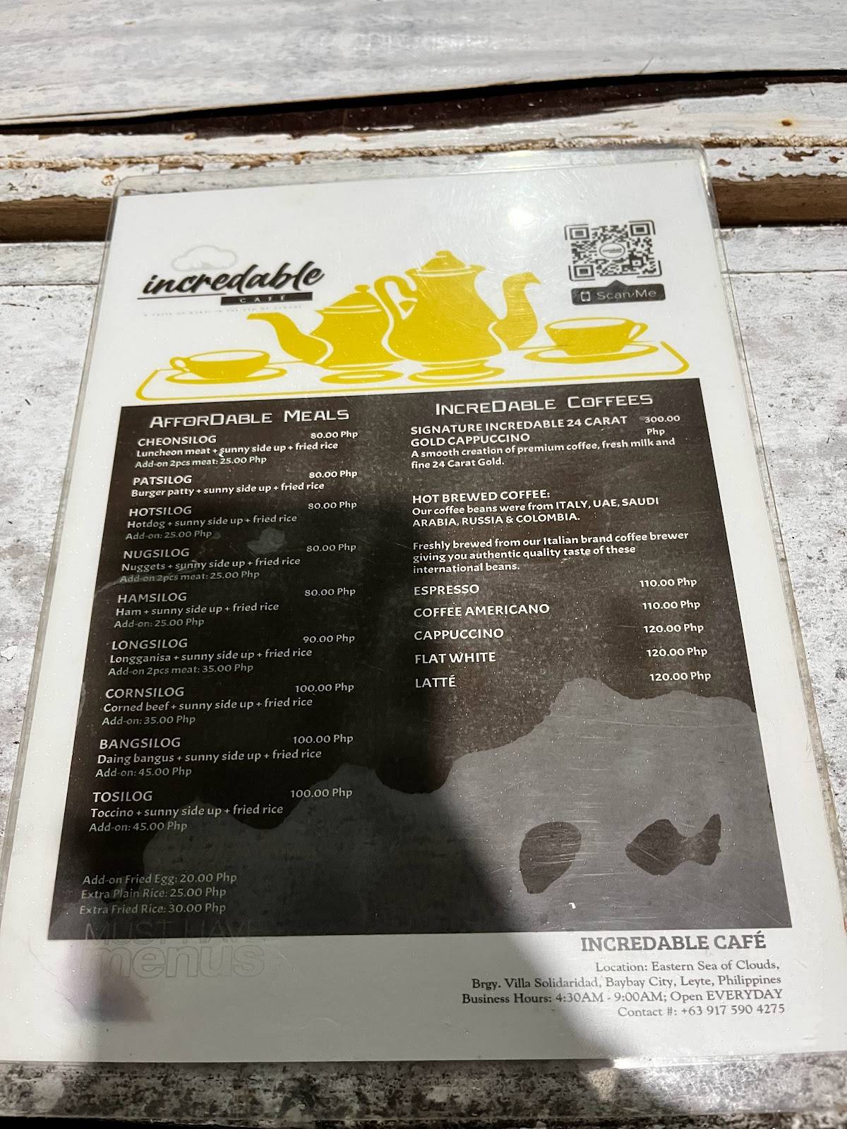 Menu at IncreDable Café restaurant, Baybay City