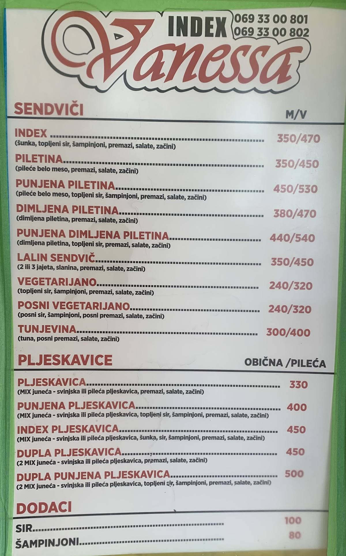 Menu at Index Vanessa restaurant, Novi Sad, Braće Popović 8а