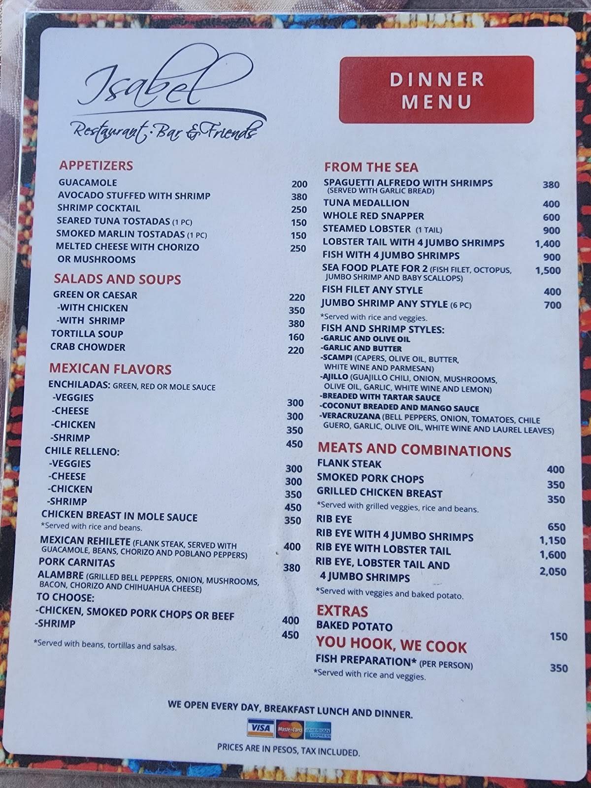 Menu at Isabel Restaurant Bar & Friends, Cabo San Lucas