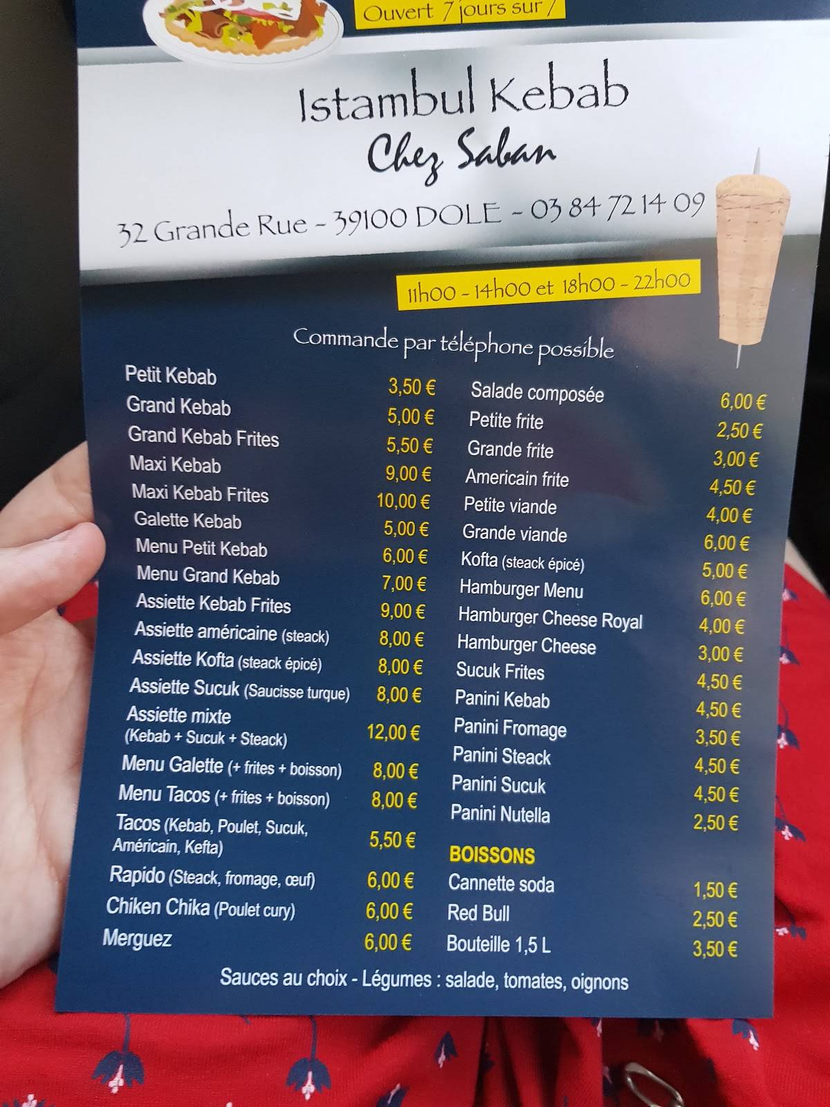 Menu at Istanbul kebab restaurant, Dole, 32 Grande Rue