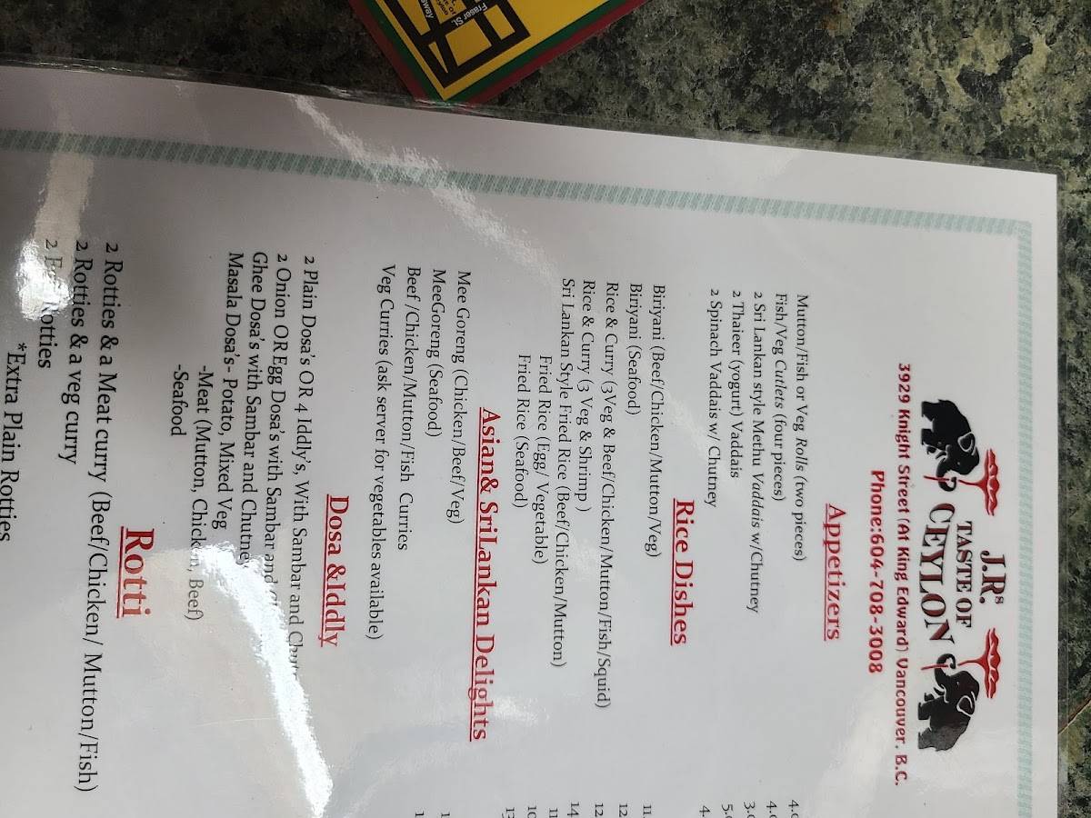 Menu at J.R Taste Of Ceylon restaurant, Vancouver