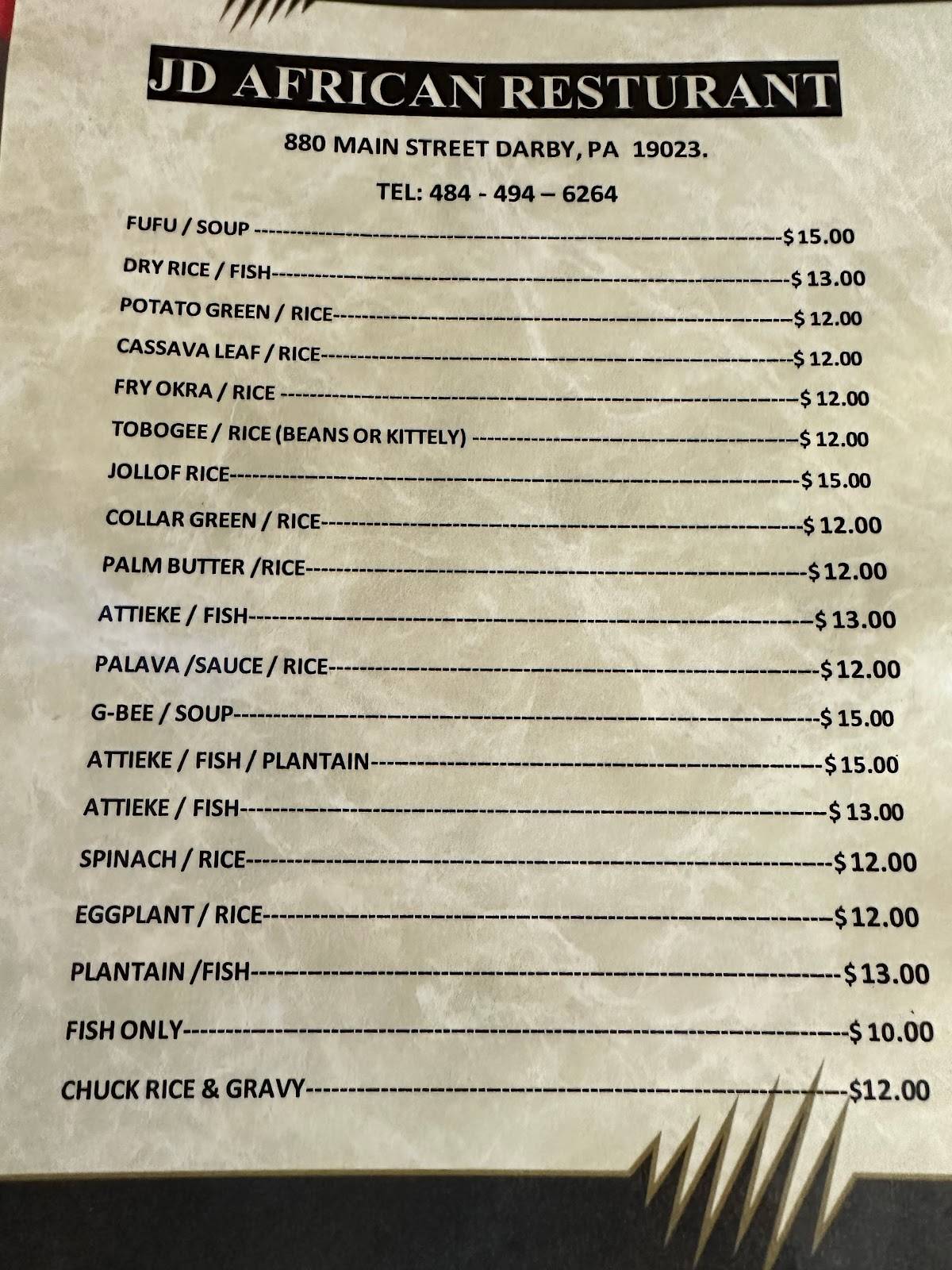 Menu at JD African Restaurant., Darby