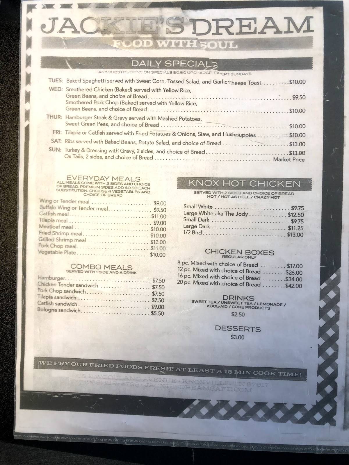 Menu at Jackie's Dream restaurant, Knoxville, E Woodland Ave