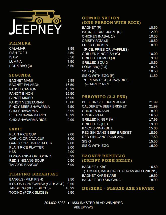 Menu at Jeepney Winnipeg (1833 Inkster) restaurant, Winnipeg, Inkster Blvd