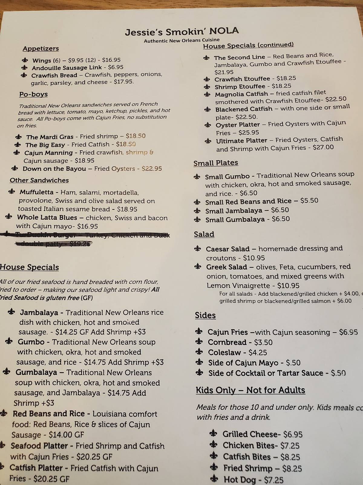 Menu at Jessie's Smokin' NOLA restaurant, Parker