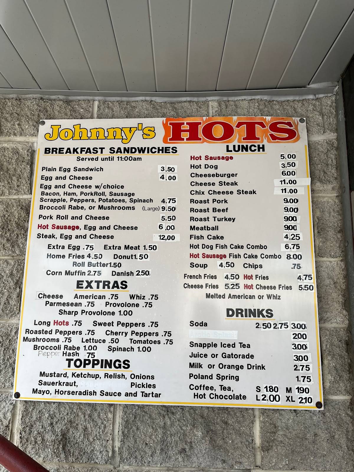 Menu at Johnny's Hots restaurant, Philadelphia
