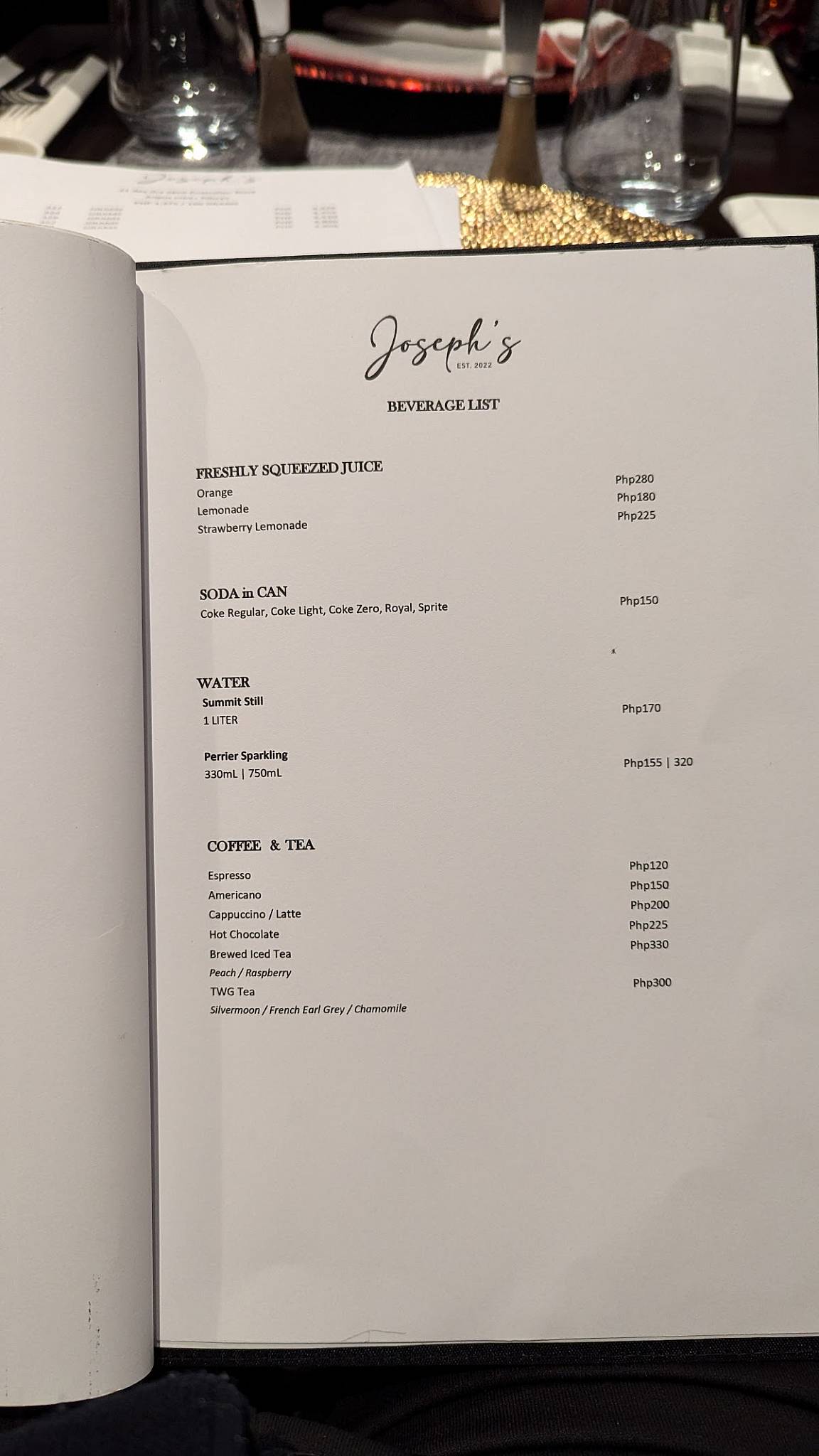 Menu at Joseph's restaurant, Baguio