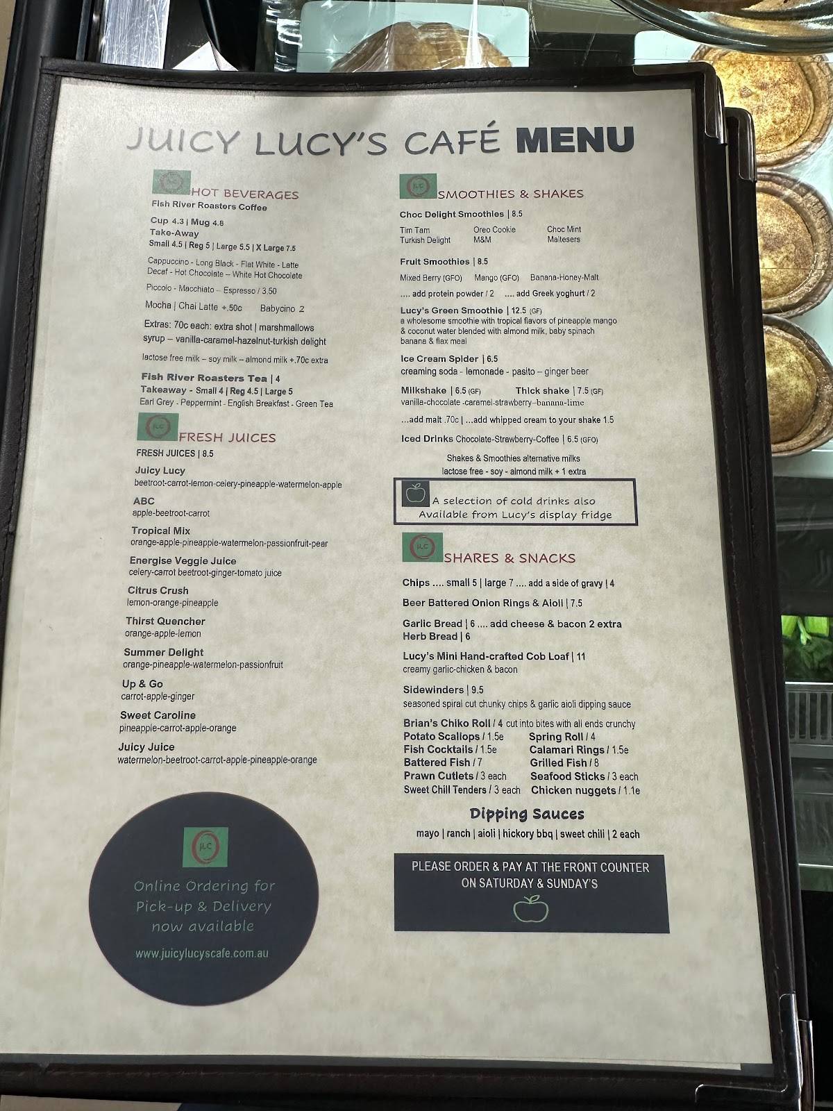 Menu at Juicy Lucy’s Cafe, Young, 113 Boorowa St